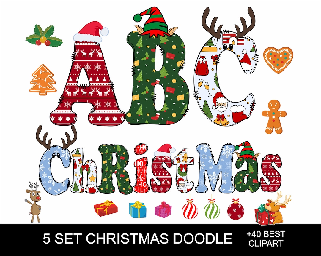 Christmas Doodle Png Font Bundle 5 Set Letters Santa Font Elf Font Png ...