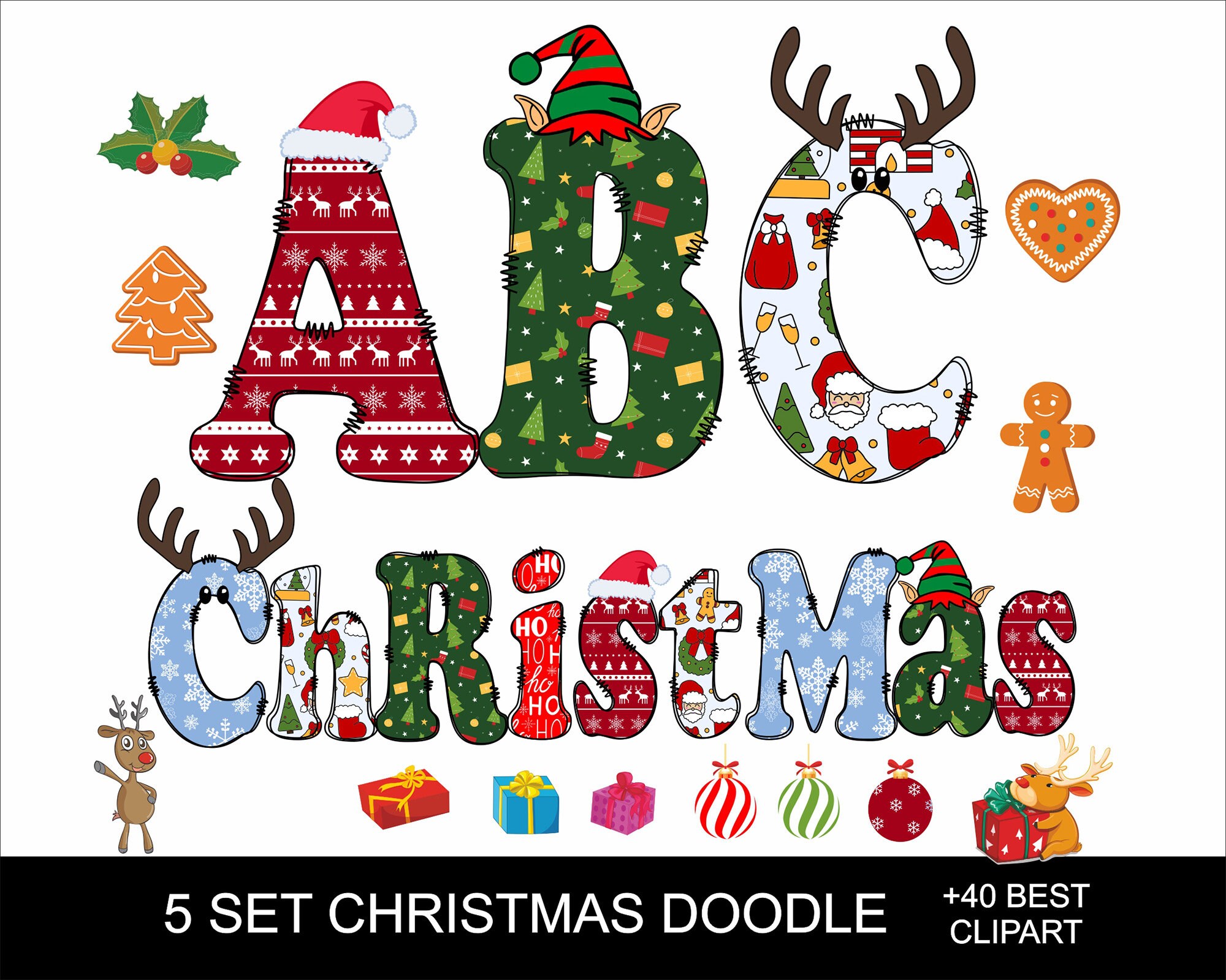 Christmas Doodle Png Font Bundle 5 Set Letters Santa Font Elf Font Png ...