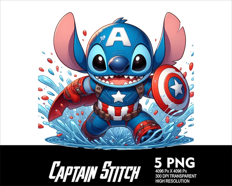 5 PNG Stitch Captain Splash and Watercolor Transparent PNG File for ...