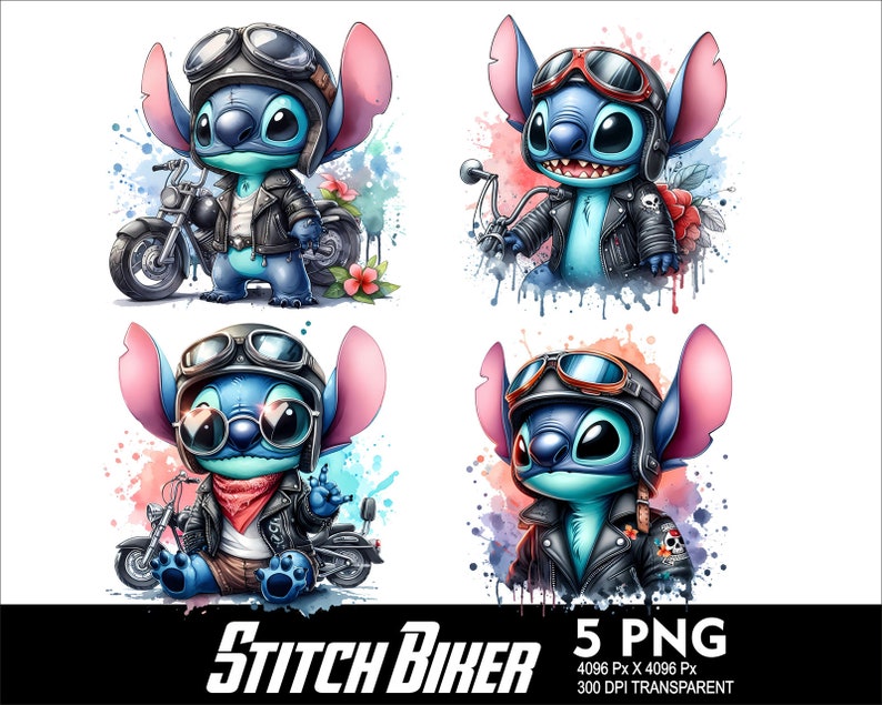 5 PNG Stitch Biker Splash and Watercolor Transparent PNG File for ...