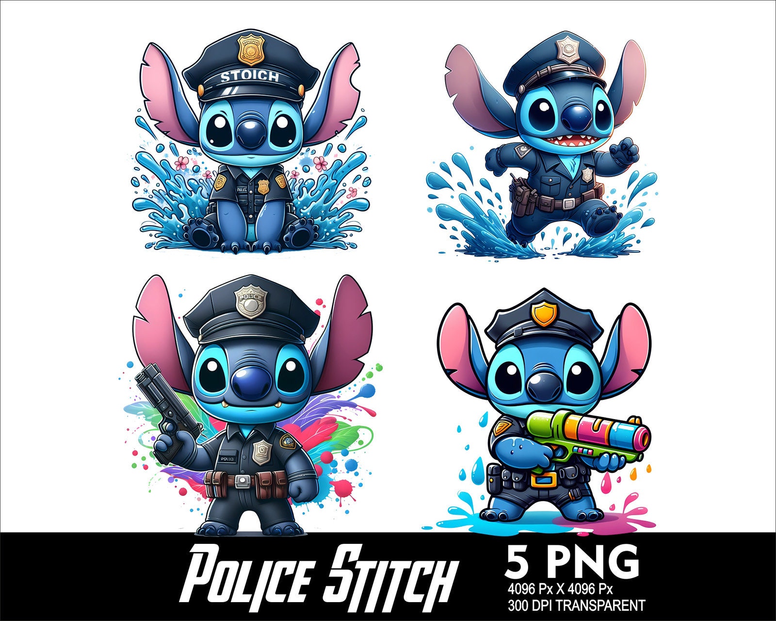 5 PNG Stitch Police Splash and Watercolor Transparent PNG File for ...