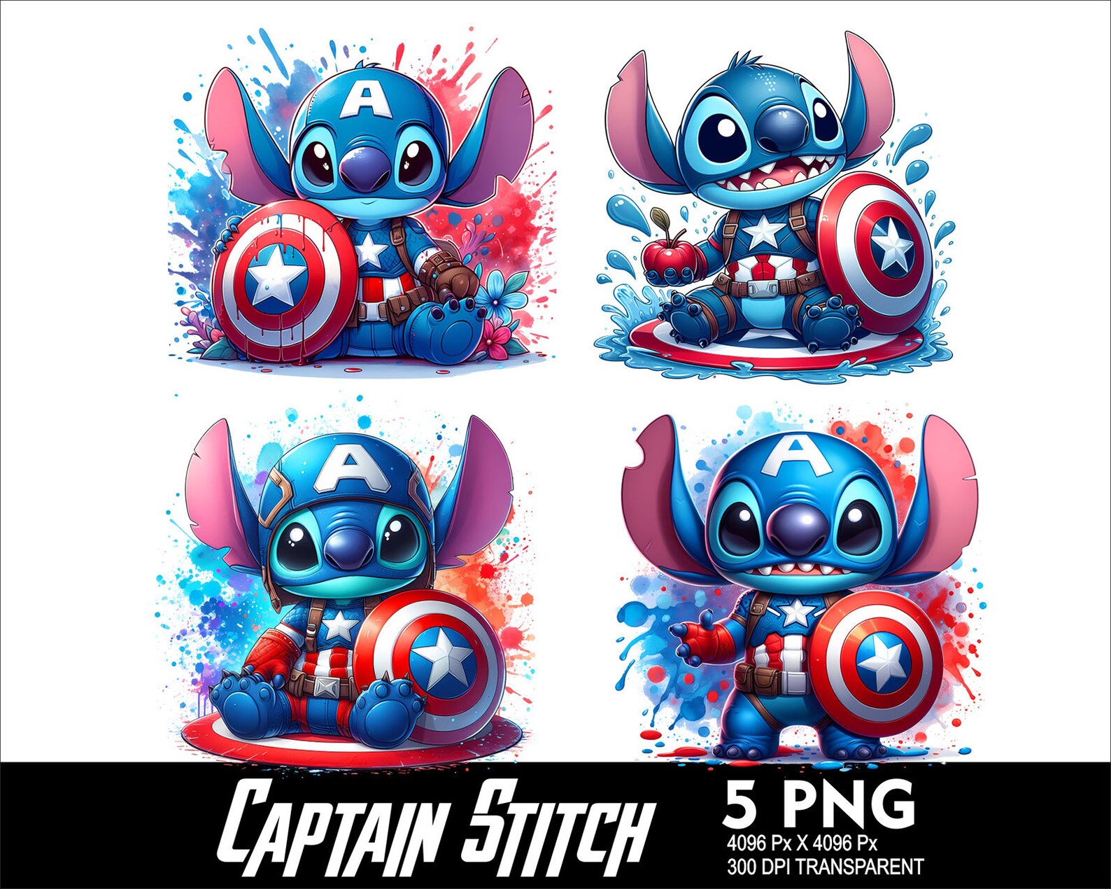 5 PNG Stitch Captain Splash and Watercolor Transparent PNG File for ...