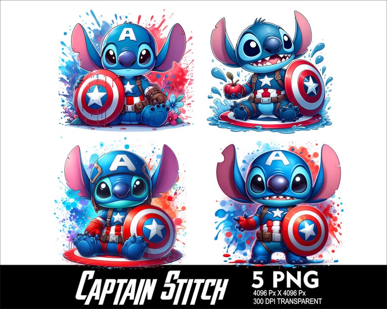 5 PNG Stitch Captain Splash and Watercolor Transparent PNG File for ...