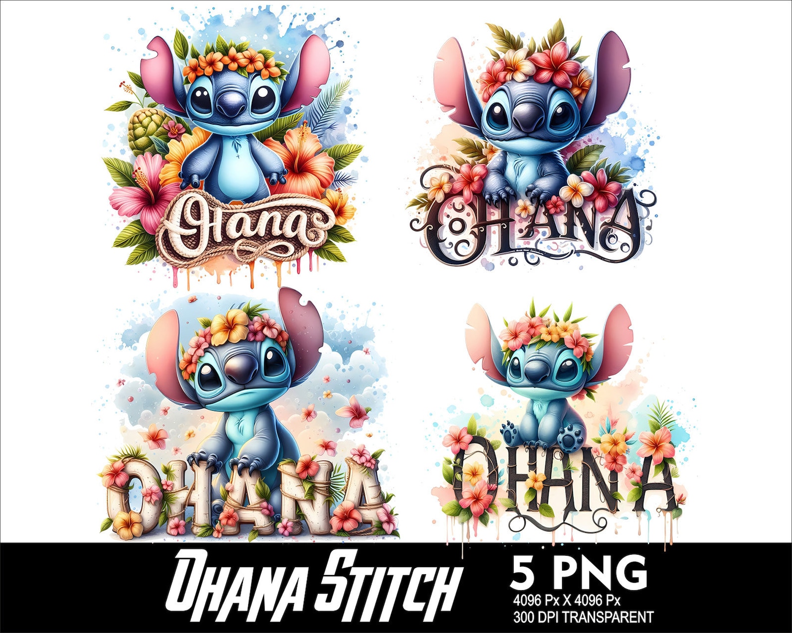 5 PNG Stitch Ohana Splash and Watercolor Transparent PNG File for ...