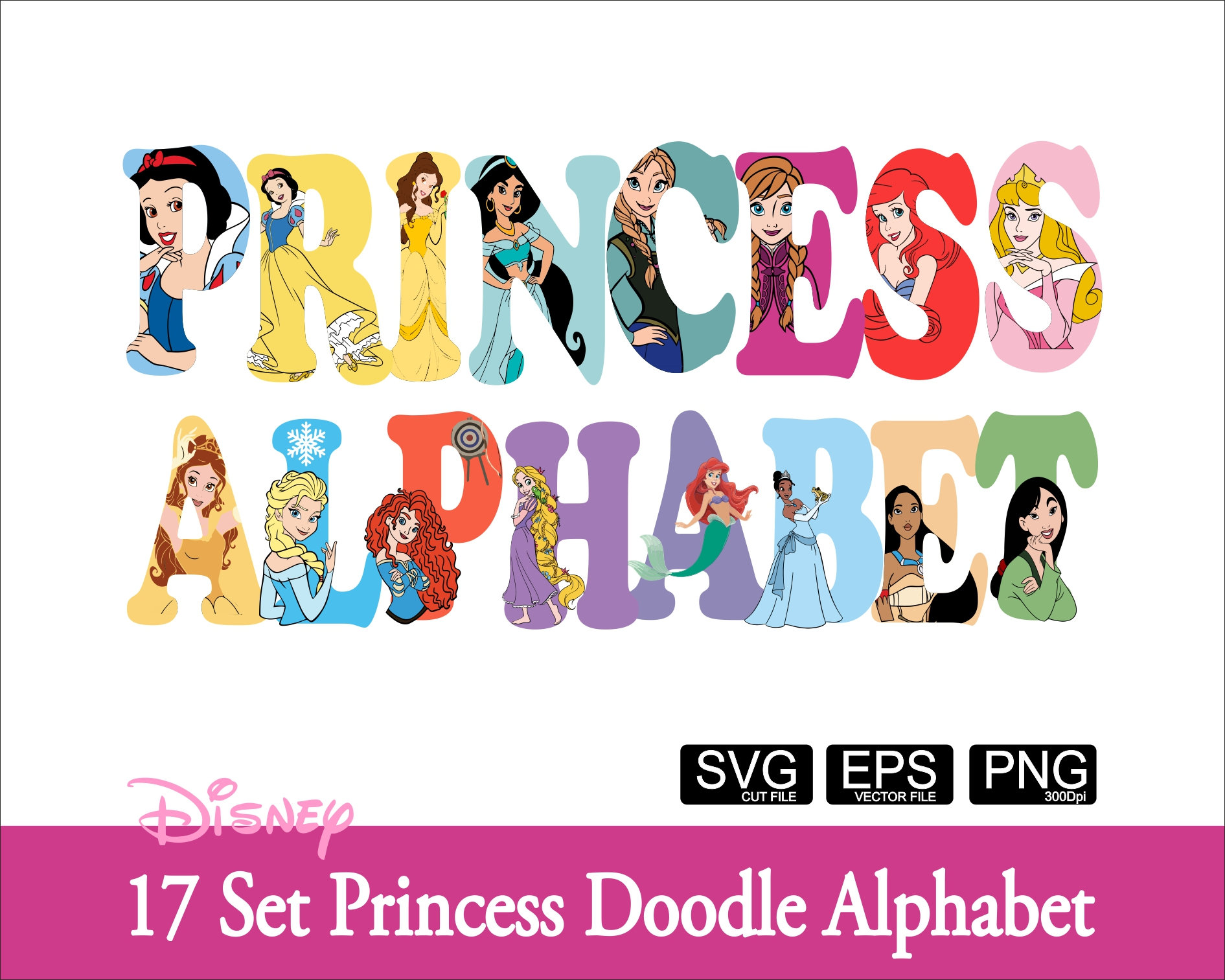 Princess Alphabet Letters 17set Bundle Girl Princess Doodle Font Frozen ...