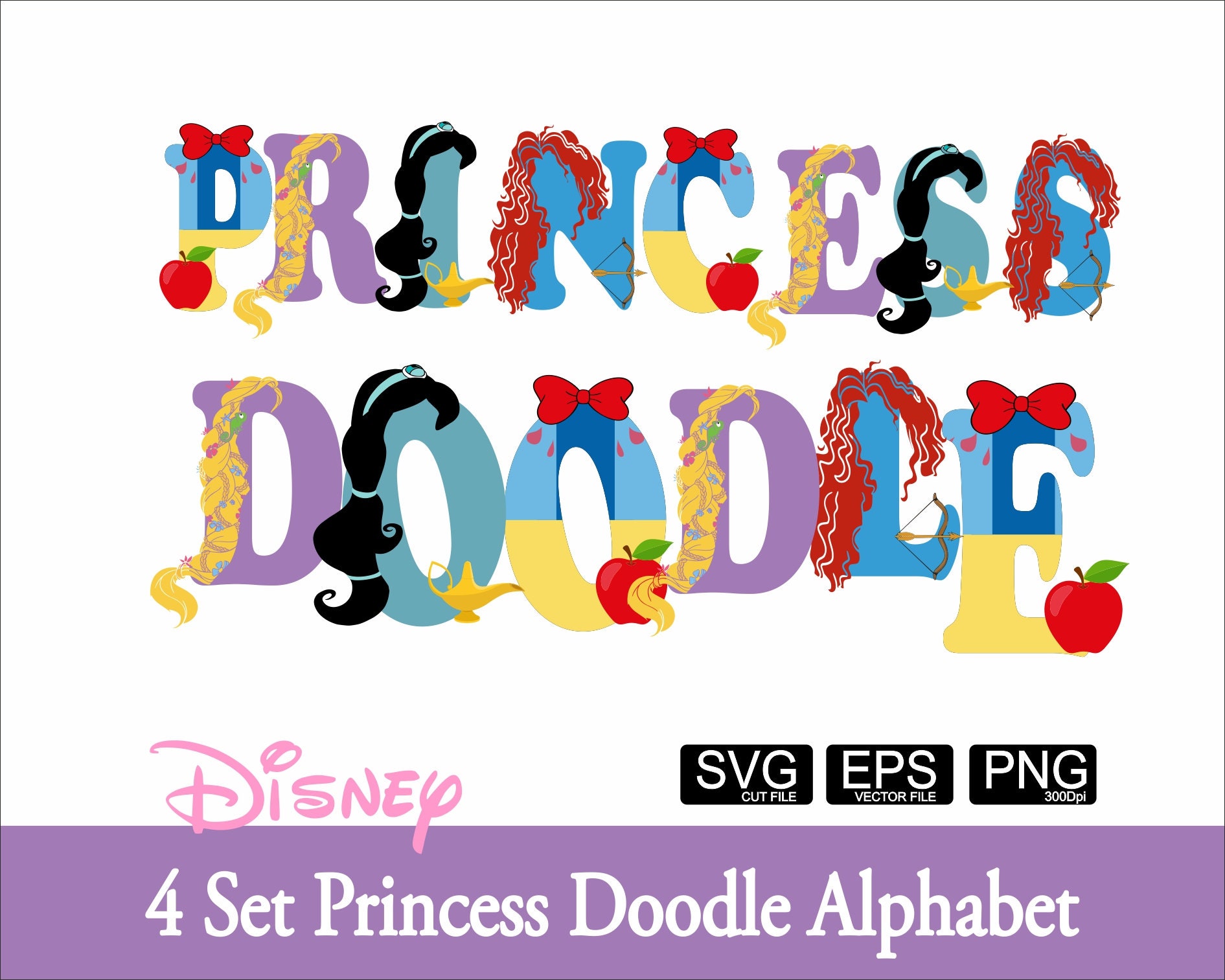 Princess Alphabet Letters 4set Bundle Girl Princess Doodle Font SVG ...