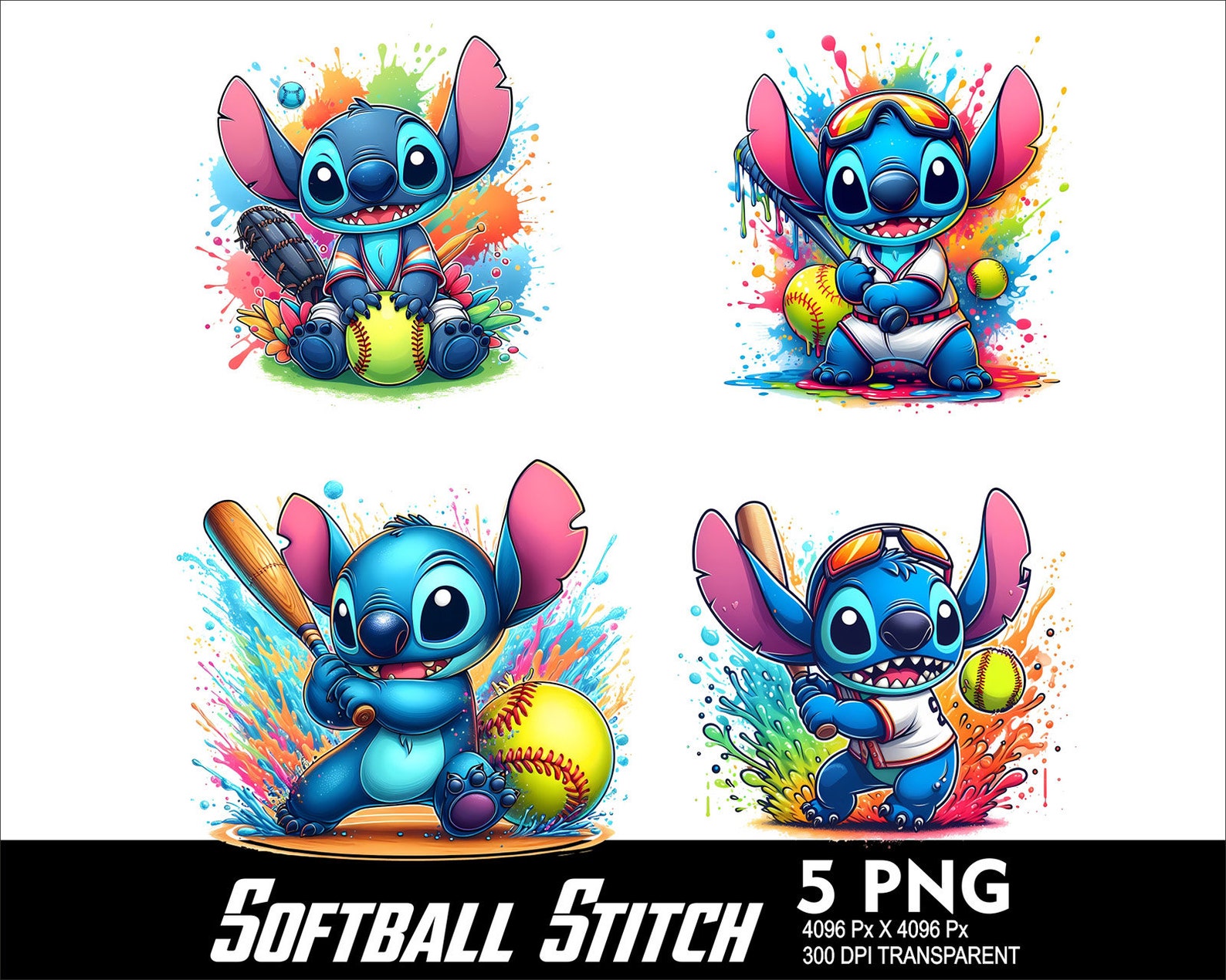 5 PNG Stitch Softball Splash and Watercolor Transparent PNG File for ...