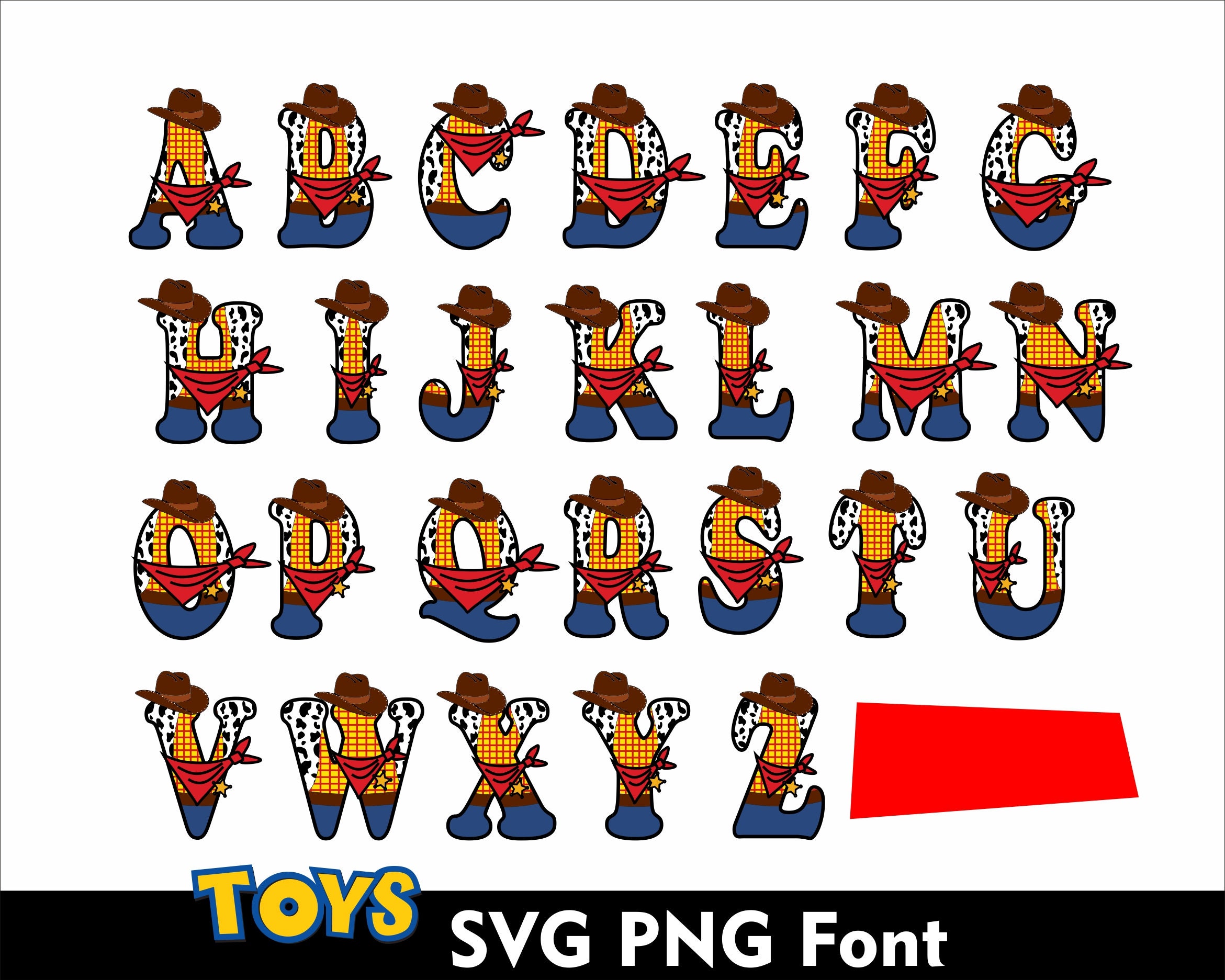 Toy Story Sheriff Woody Alphabet Svg Png Doodle Alphabet Letter A Z Toy Story Letter Toys Font
