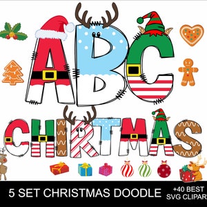 Christmas Doodle Png Svg Font Bundle 5 Set Letters Santa Font Elf Font ...