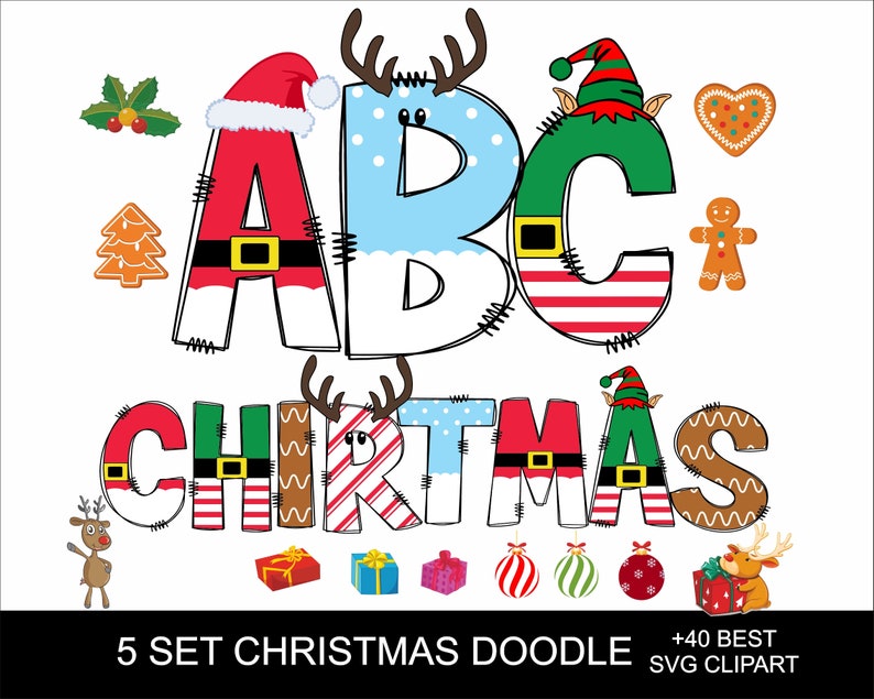 Christmas Doodle Png Svg Font Bundle 5 Set Letters Santa Font Elf Font ...