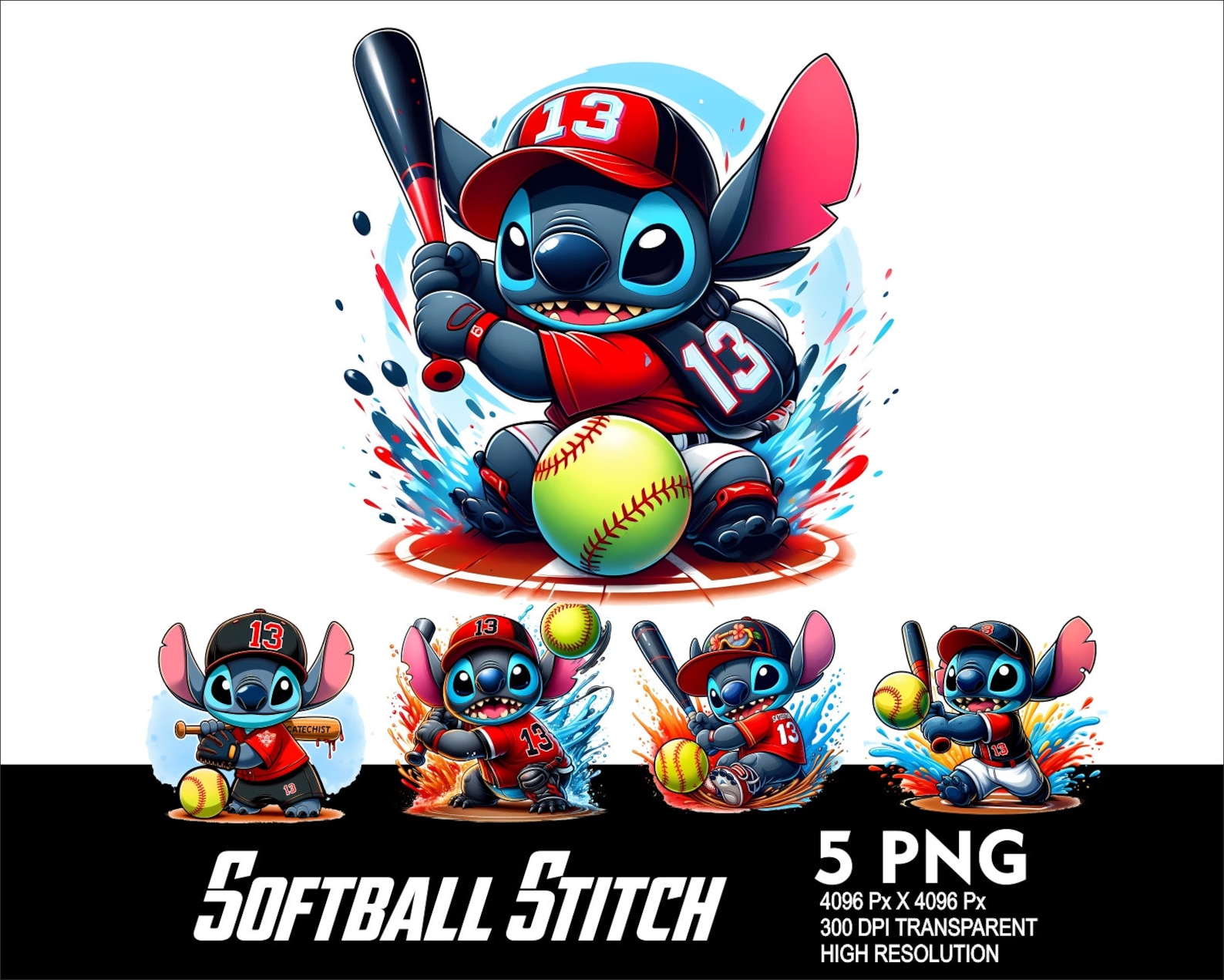5 PNG Stitch Softball Splash and Watercolor Transparent PNG for ...