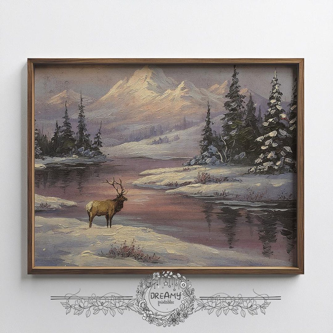 Mountain Winter Scene Print Alpine Snowy Landscape Art Elk by River ...