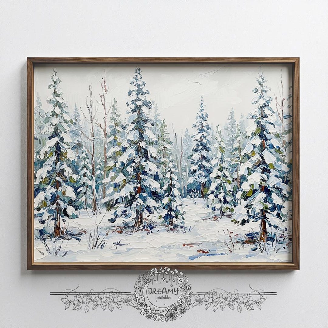 Snowy Pine Tree Art Evergreen Winter Forest Print Rustic Expressionist ...