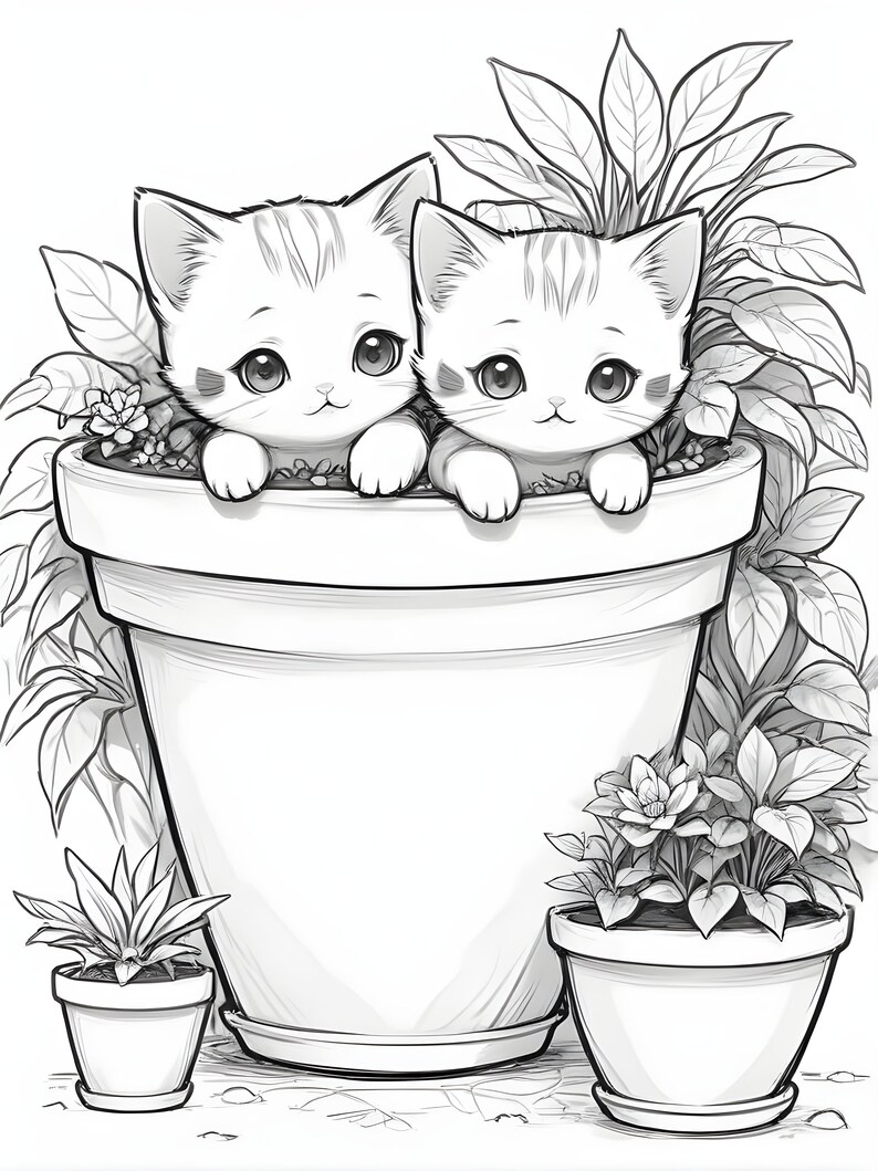 Cute Kitten on Flower Pot Coloring Page Printable Coloring Sheet for ...