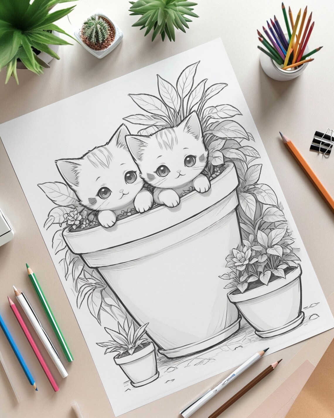 Cute Kitten on Flower Pot Coloring Page Printable Coloring Sheet for ...