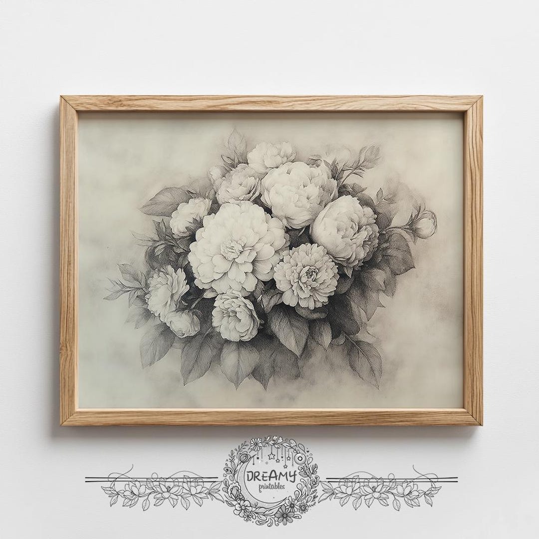 Vintage Floral Pencil Drawing: Muted Flowers Sketch Art (digital ...