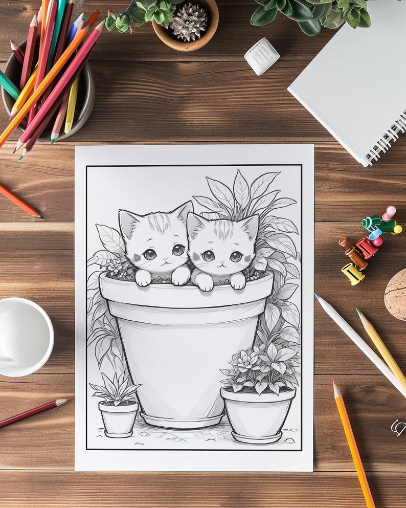 Cute Kitten on Flower Pot Coloring Page Printable Coloring Sheet for ...