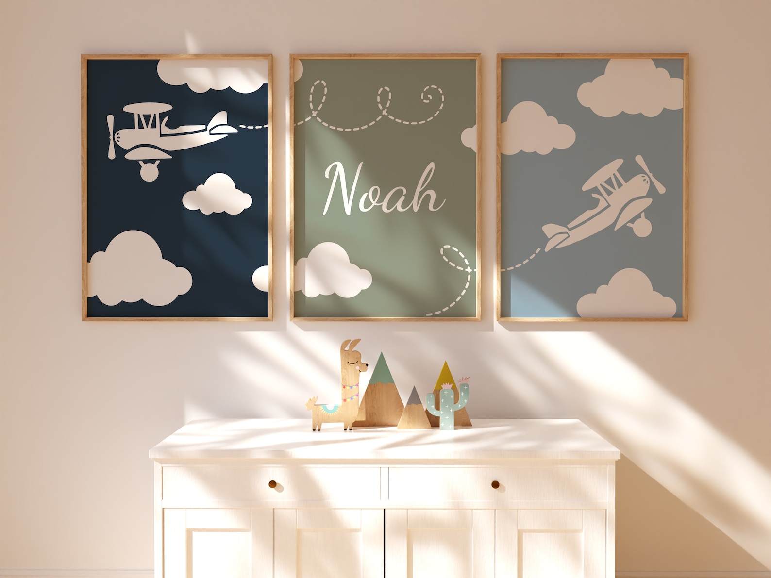 Airplane Set of 3 Prints Navy Blue Wall Art Clouds Custom Biplane ...