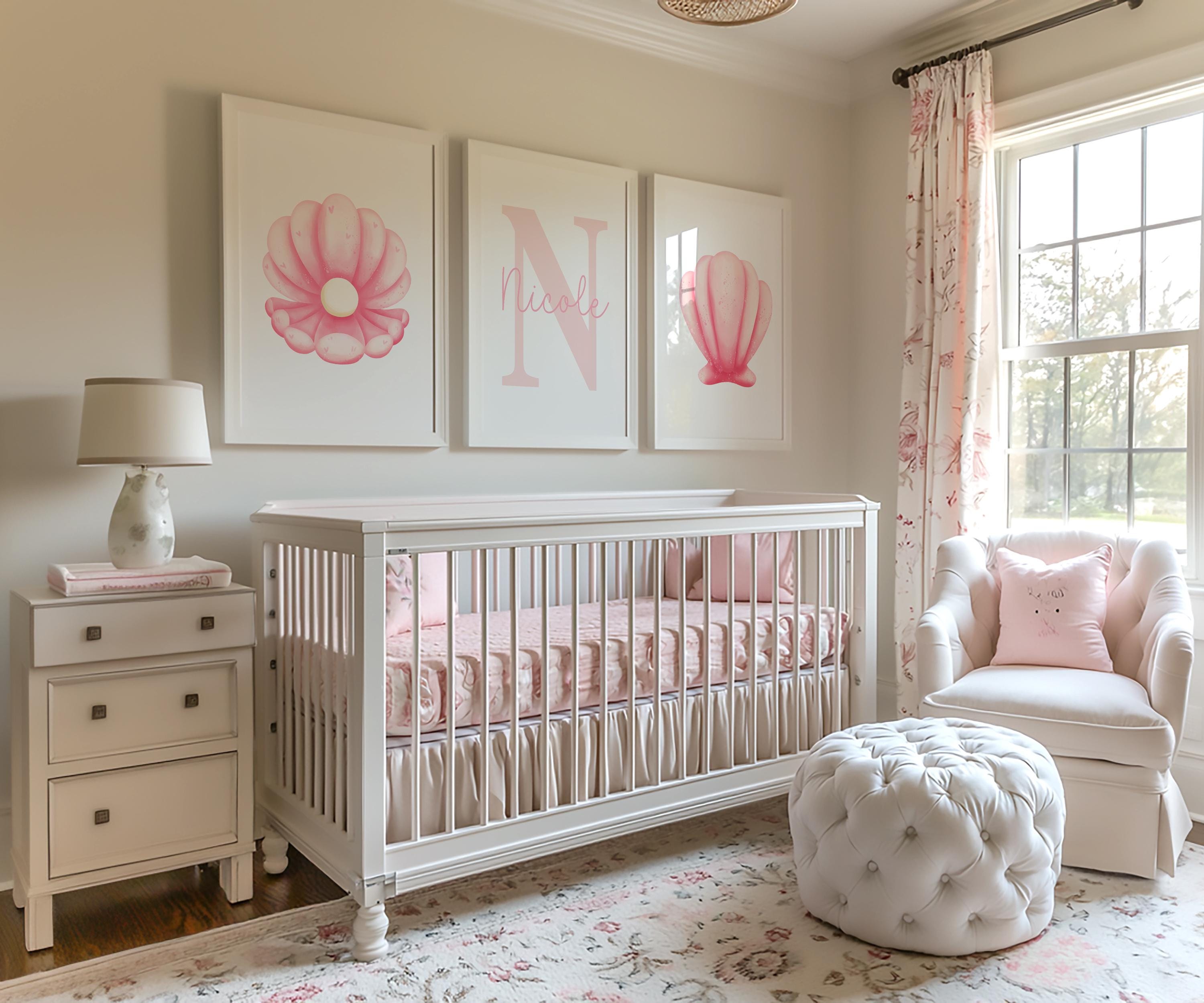 Pink Seashells Custom Set of 3 Prints Wall Art Personalized Name Sign ...