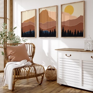 Boho Mountain Print Set of 3 Wall Art, Abstract Landscape Neutral ...