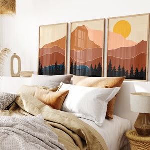 Boho Mountain Print Set of 3 Wall Art, Abstract Landscape Neutral ...