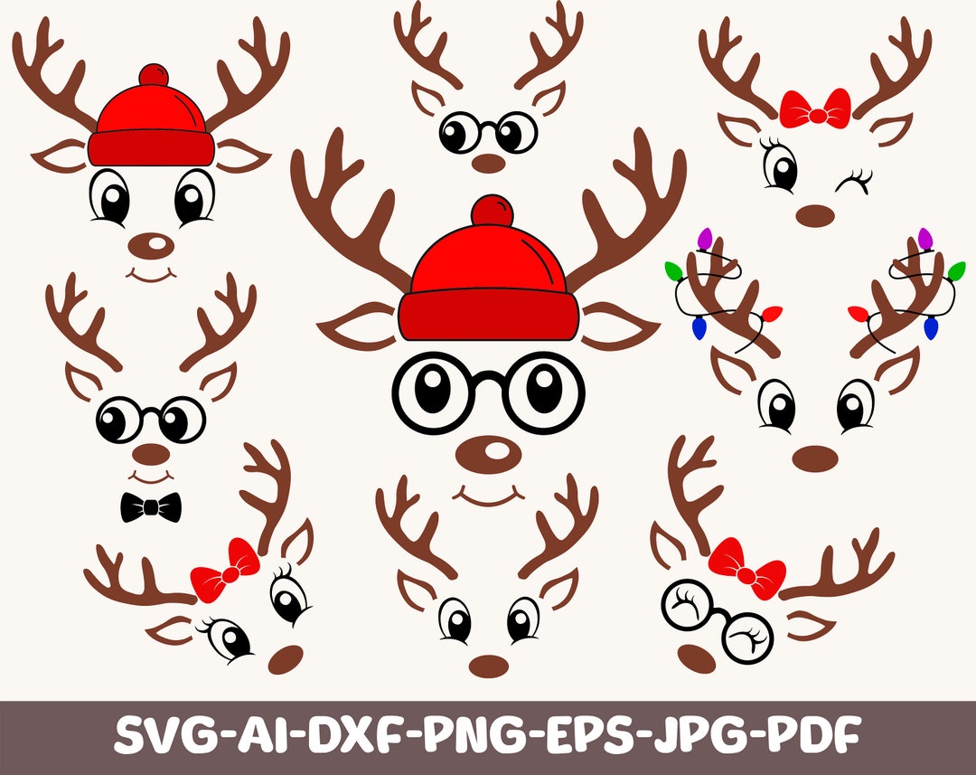 Paquete SVG de caras de reno navideño, PNG, SVG de reno niña, SVG de ...