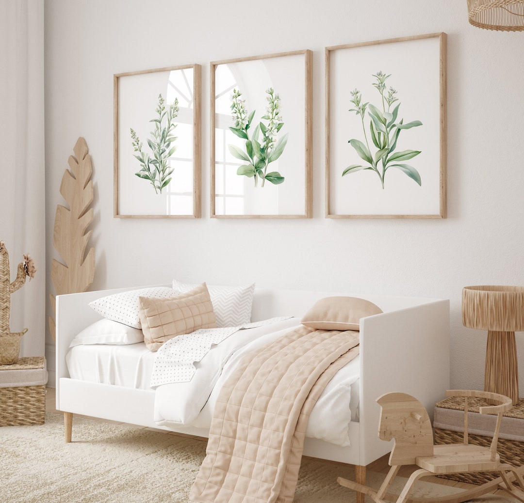 Set of 3 Watercolor Botanical Print, Sage Green Beige, Wild Flowers Art ...