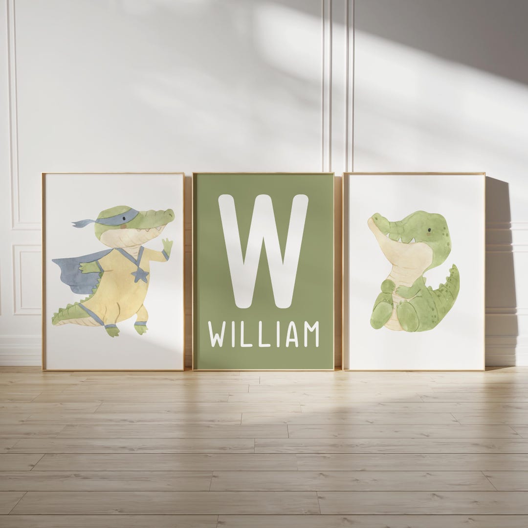Set of 3 Prints Nursery Cartoon Alligator Custom Wall Art Decor ...