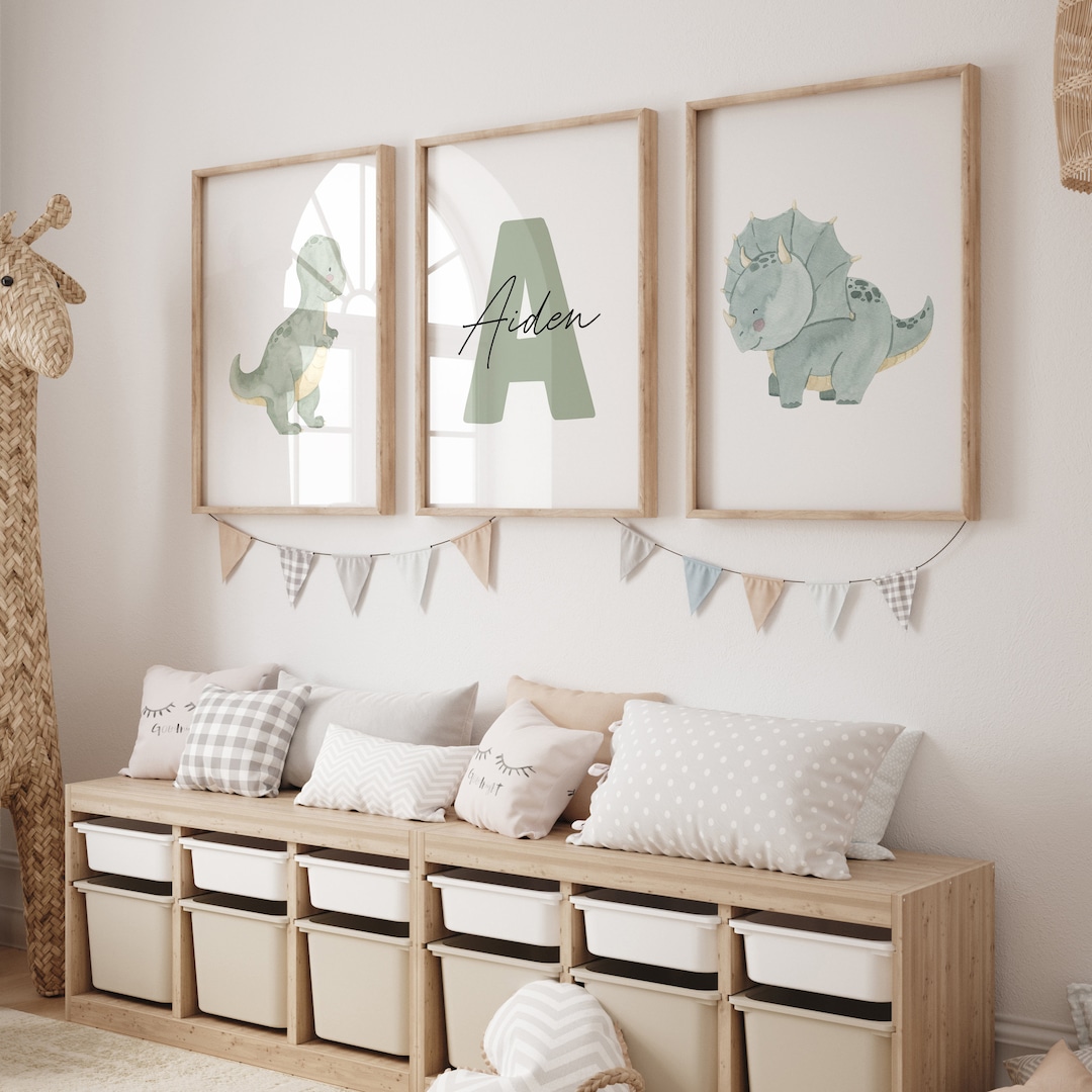 Custom Dinosaur Nursery Print Set of 3 Wall Art Poster Initial Name ...