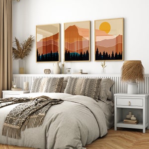 Boho Mountain Print Set of 3 Wall Art, Abstract Landscape Neutral ...