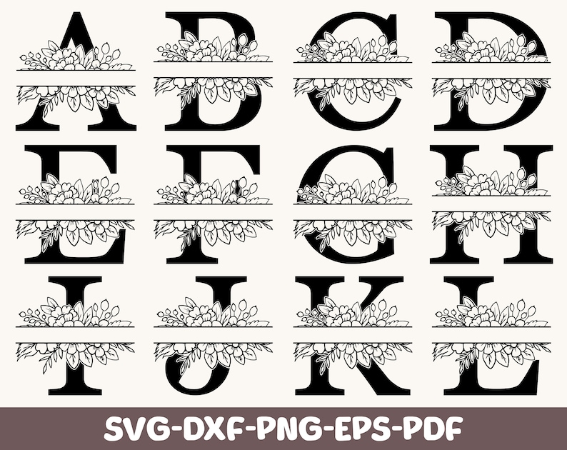 Floral Split Monogram Svg Alphabet Bundle Clipart Png, A-Z Letter ...
