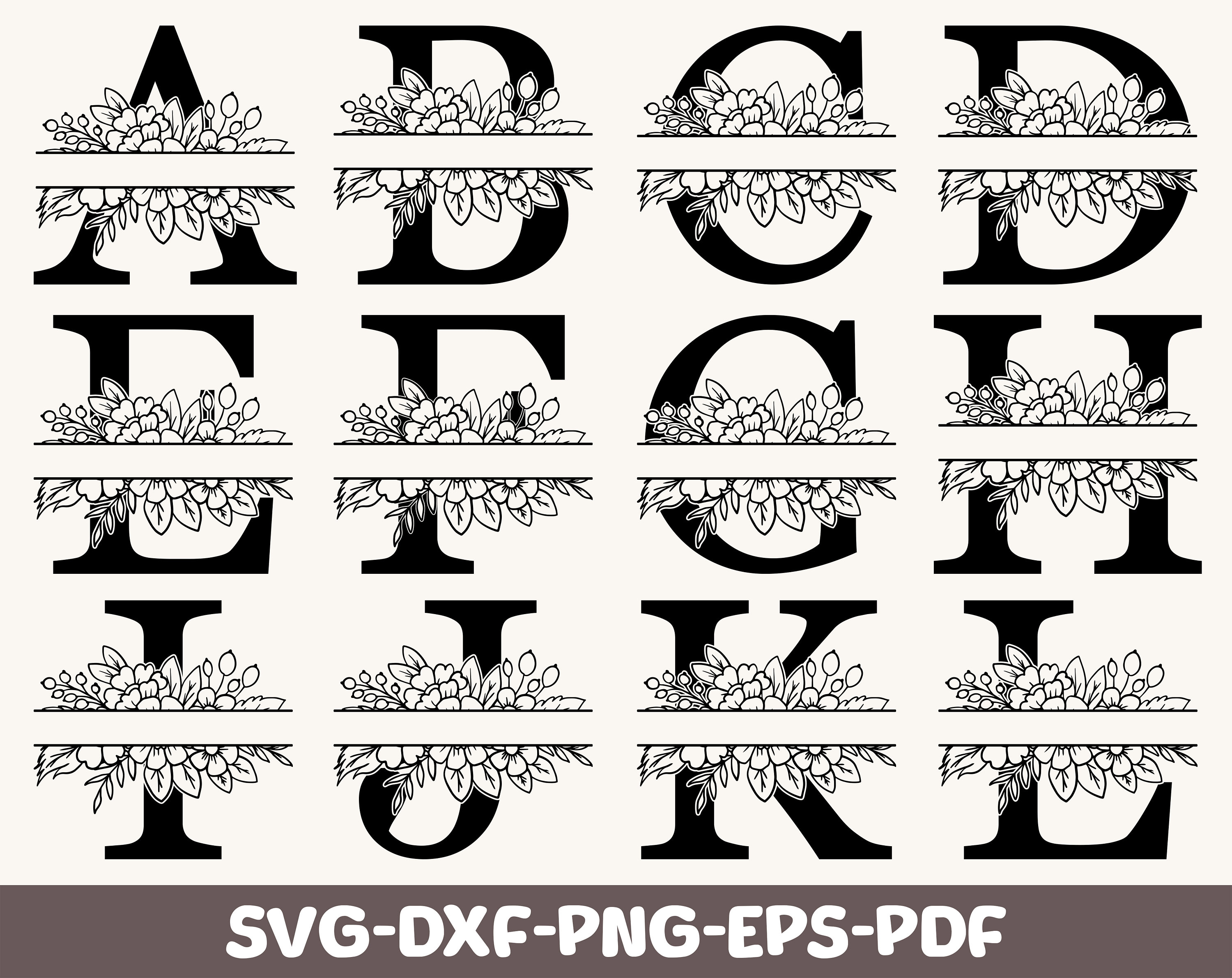 Floral Split Monogram Svg Alphabet Bundle Clipart Png, A-Z Letter ...