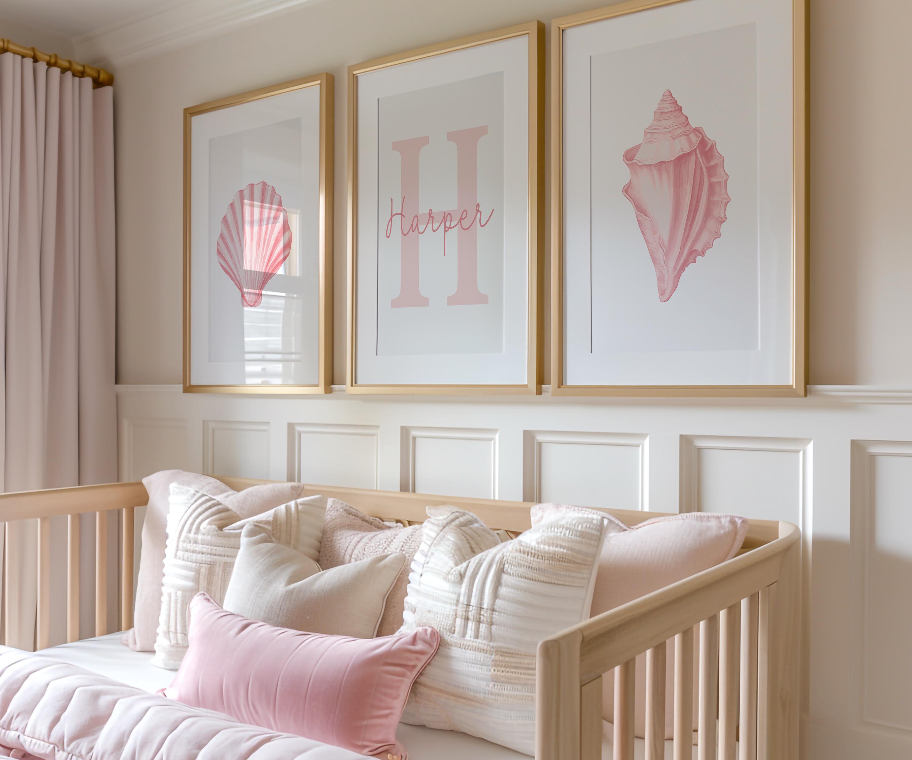 Custom Pink Seashells Wall Art Set of 3 Prints Personalized Name Sign ...