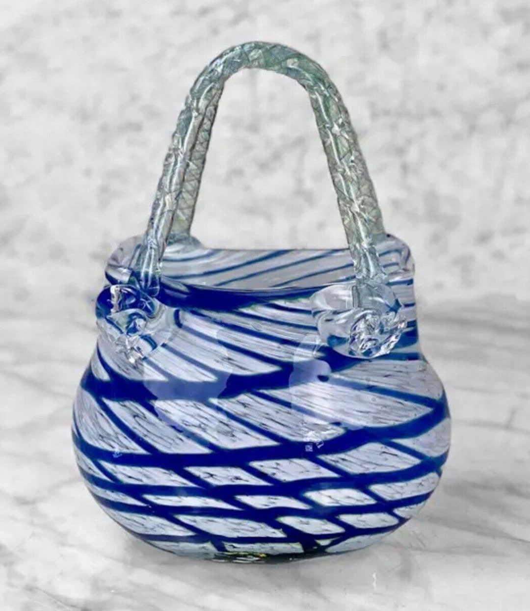 Vintage Murano Style, Blown Art Glass, Blue Stripe Handbag Purse Vase ...