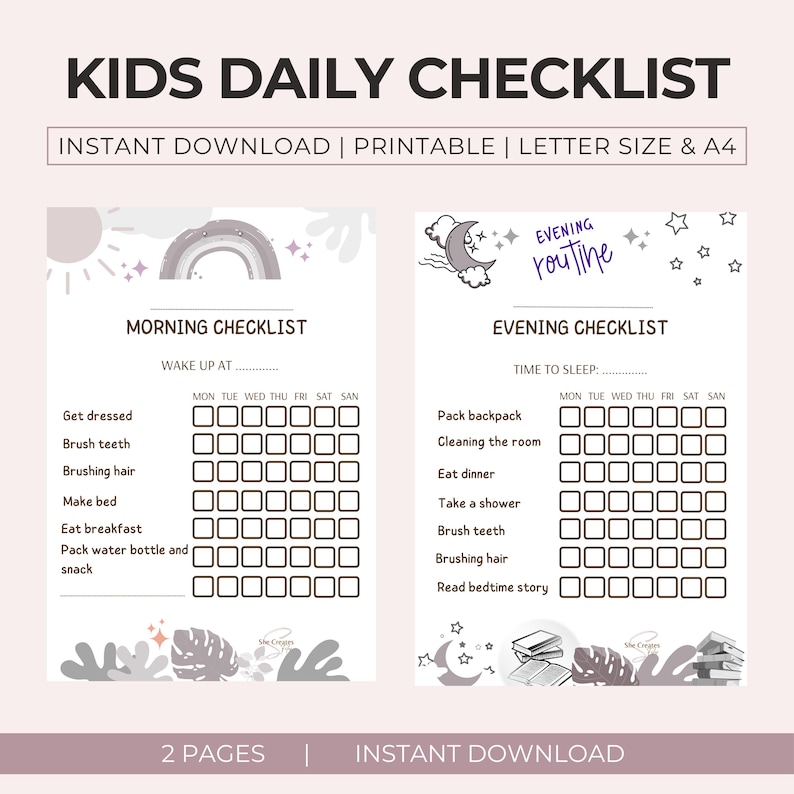 Kids Daily Checklist Printable – Black and White | Morning and Evening ...