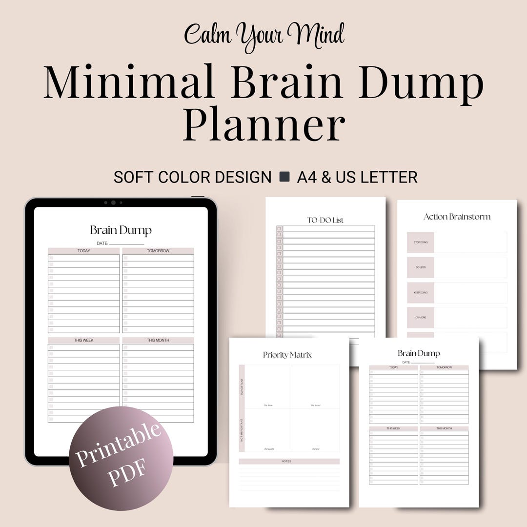 Minimal Color Brain Dump Planner Printable PDF A4 US Letter ...