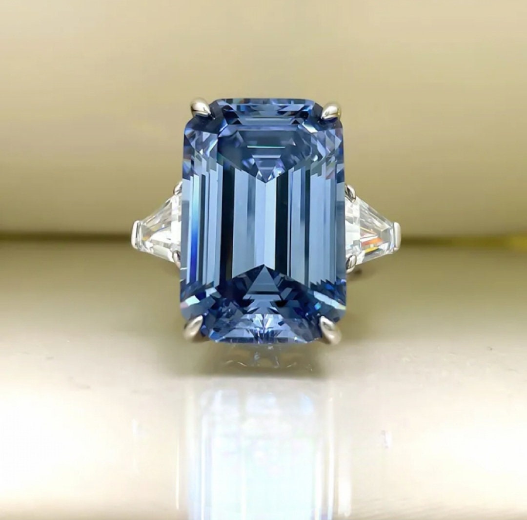 Royal Blue Emerald Cut Large Cocktail Ring Sterling Silver Womens ...