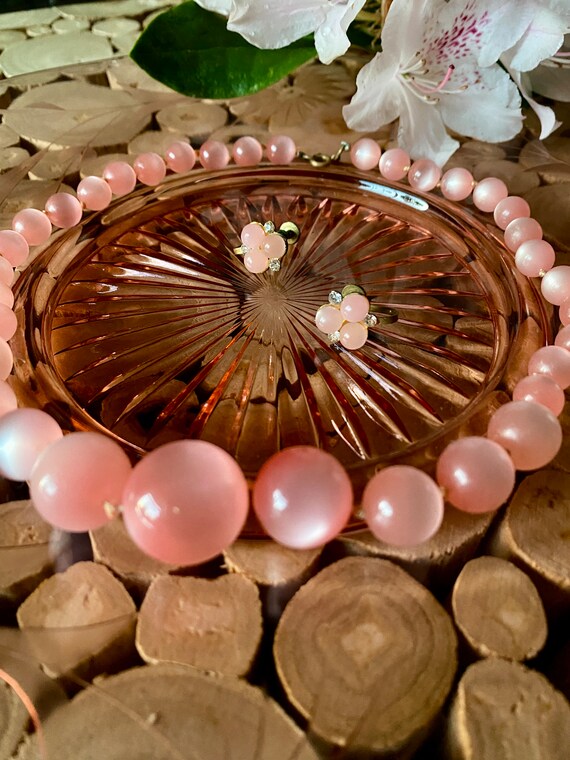 Vintage Pink Lucite Bead Jewelry Set: 1960s Necklace … - Gem