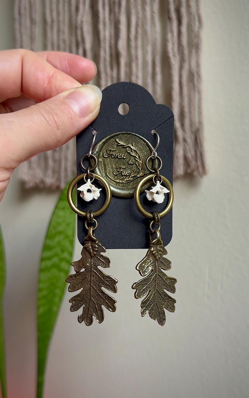 Burmese Python Vertebrae & Brass Oak Leaf Earrings Gothic Punk Witchy ...