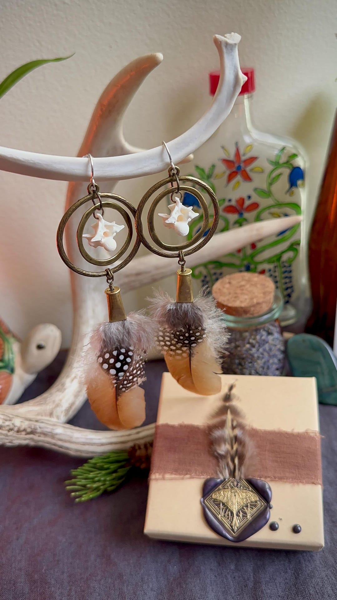 Burmese Python Vertebrae Bullet Hoops W/ Rooster & Guinea Feathers ...