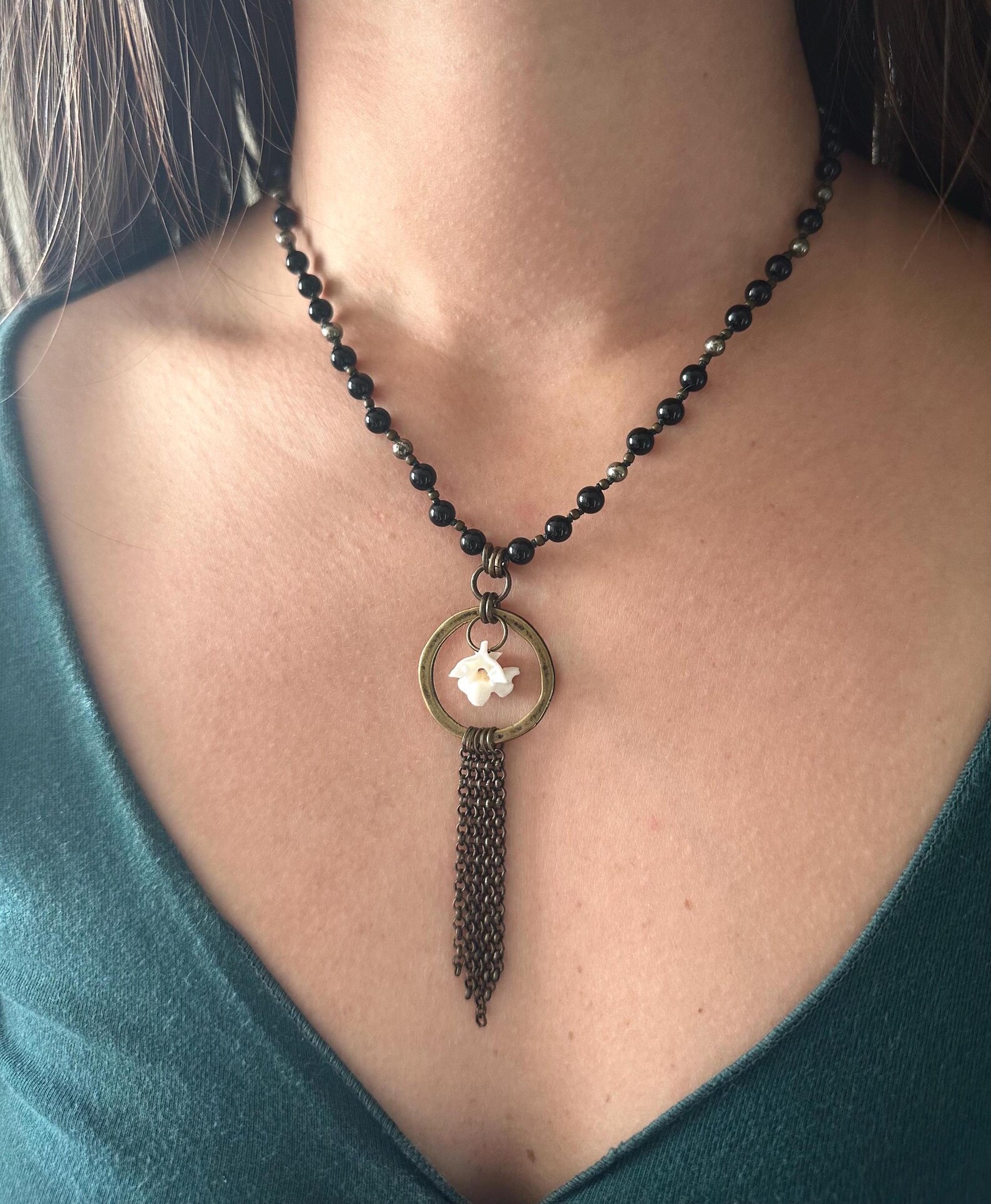 Burmese Python Vertebrae Necklace: Black Onyx & Pyrite Beads, Ethically ...