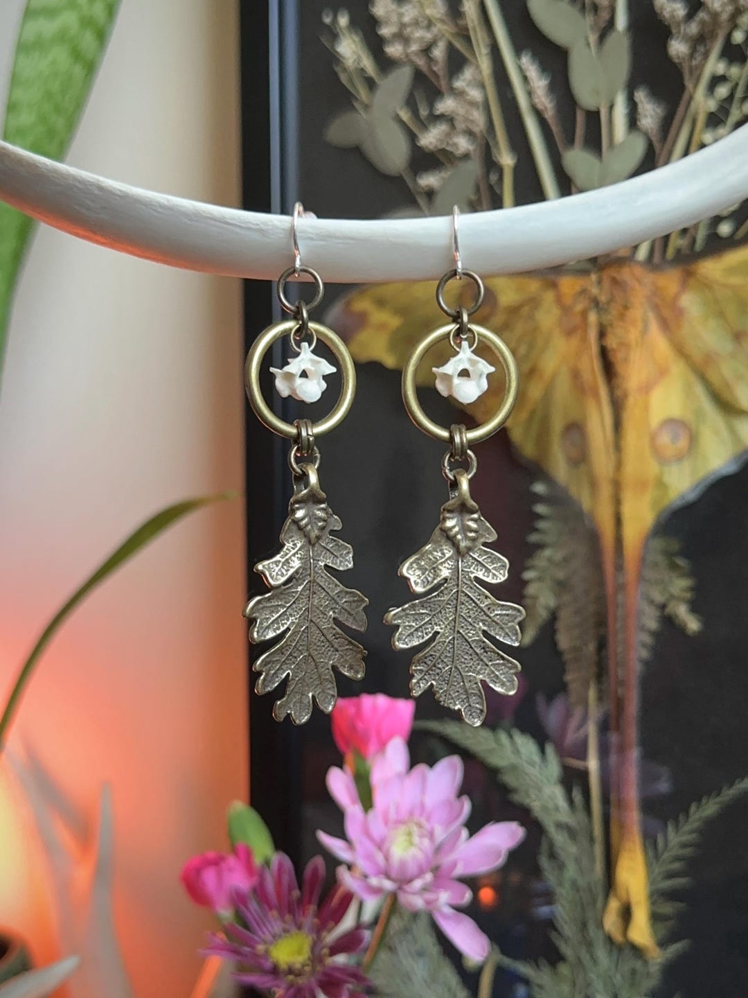 Burmese Python Vertebrae & Brass Oak Leaf Earrings Gothic Punk Witchy ...