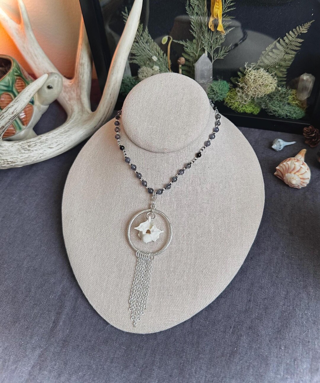 Burmese Python Vertebrae Silver Chains Necklace W/ Iolite & Black Onyx ...