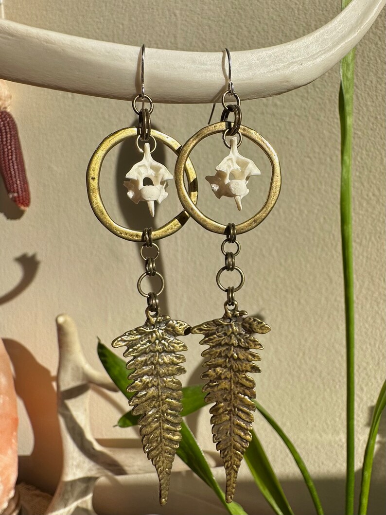 Burmese Python Vertebrae & Brass Fern Earrings Gothic Punk Witchy ...