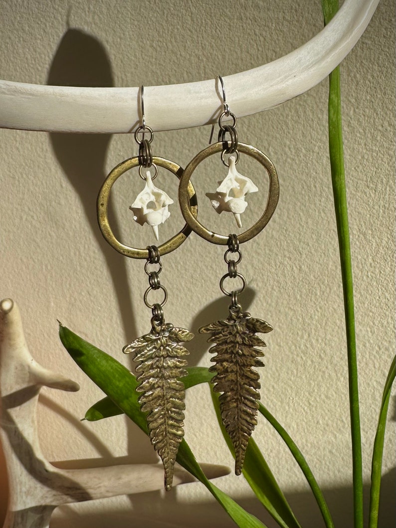 Burmese Python Vertebrae & Brass Fern Earrings Gothic Punk Witchy ...