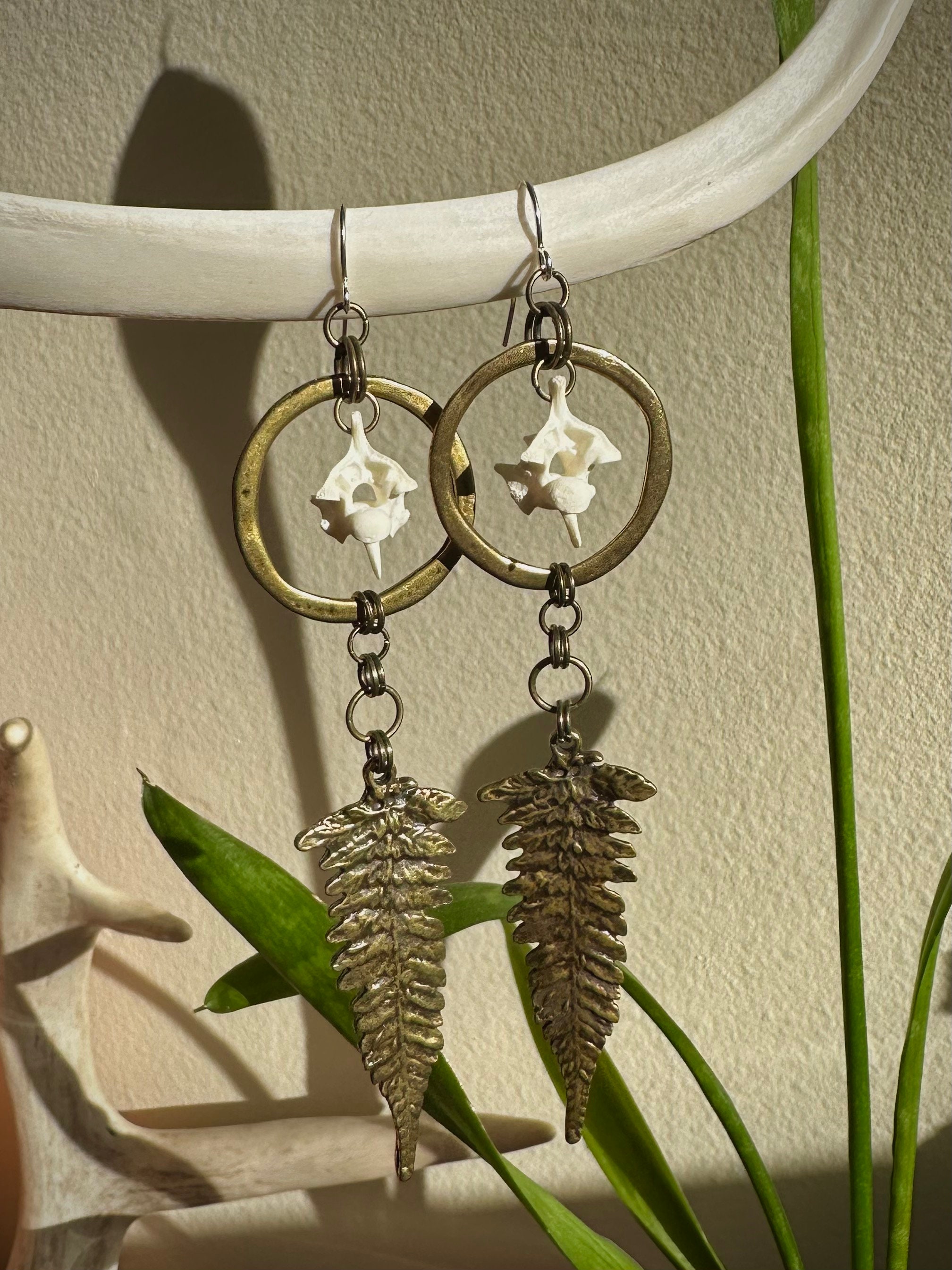 Burmese Python Vertebrae & Brass Fern Earrings Gothic Punk Witchy ...