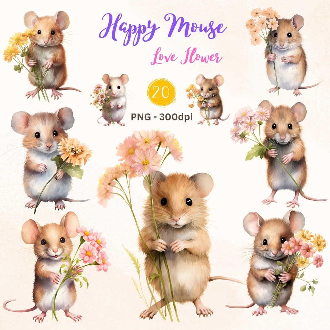 Happy Mouse Love Flower Clipart, Cartoon Clipart, DIGITAL DOWNLOAD ...