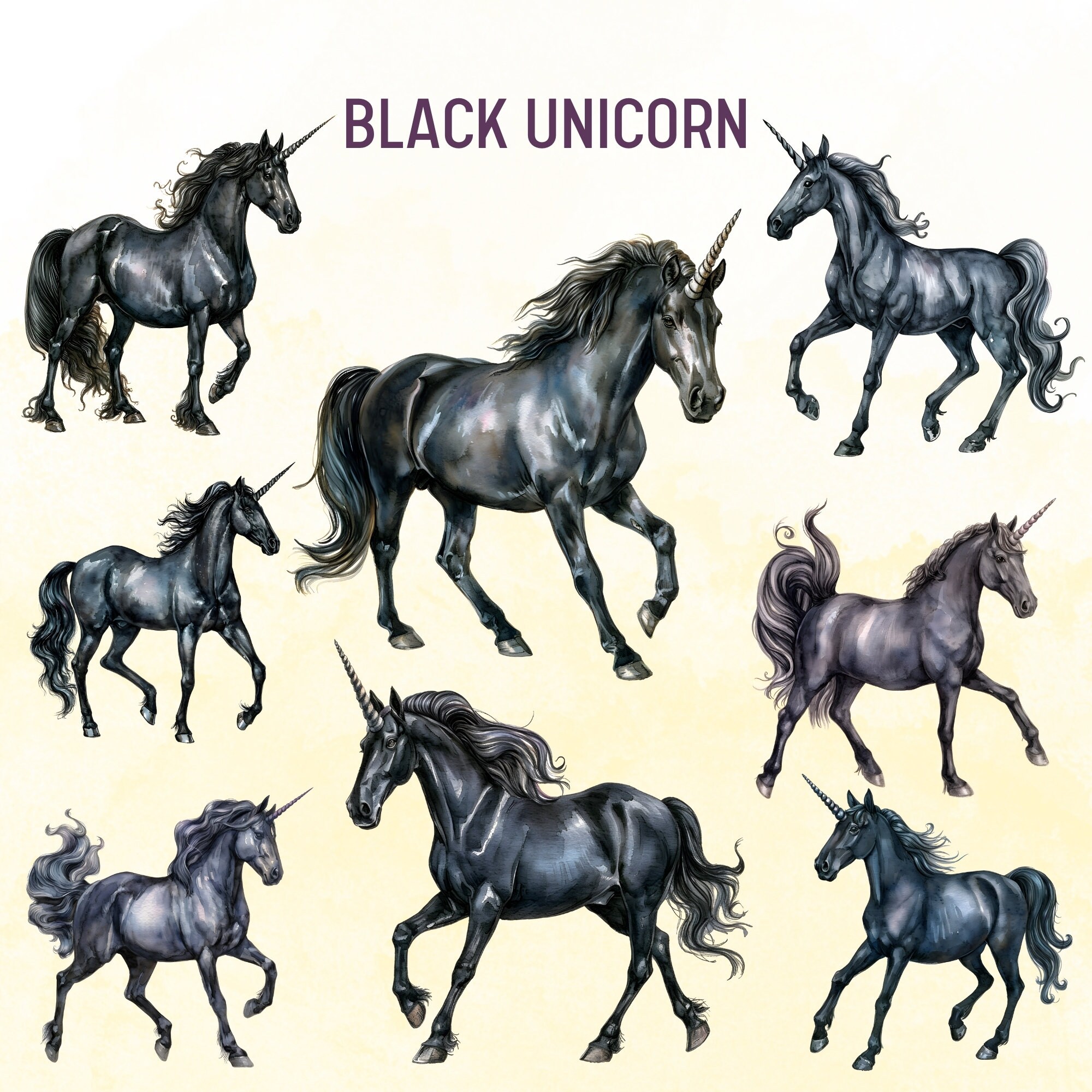 Black Unicorn Clipart, Black Unicorn Wall Art, Unicorn Clipart Set ...