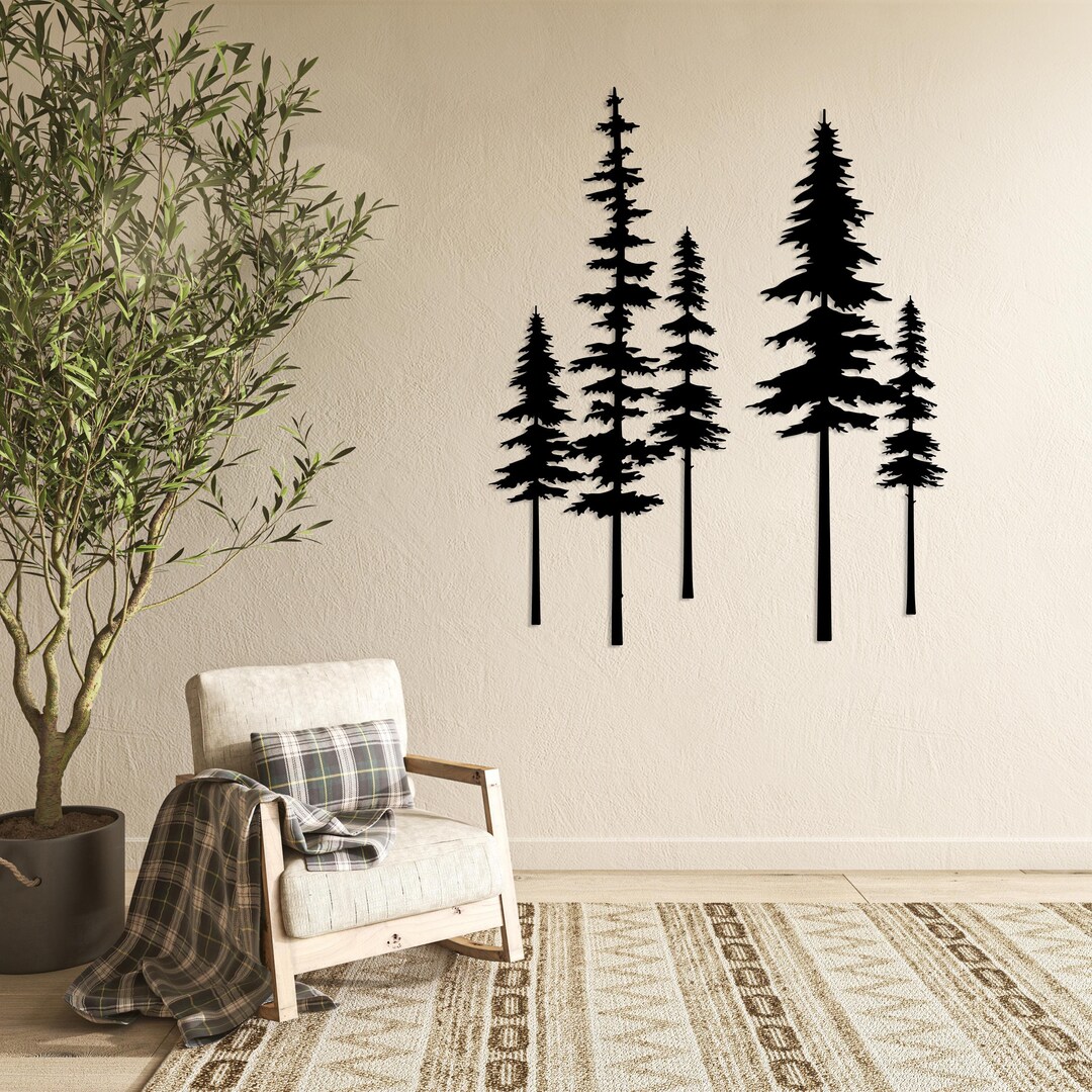 Oversized Metal Pine Tree Decor, Wispy Pine Wall Art, 5 Trees Sign, 2 ...