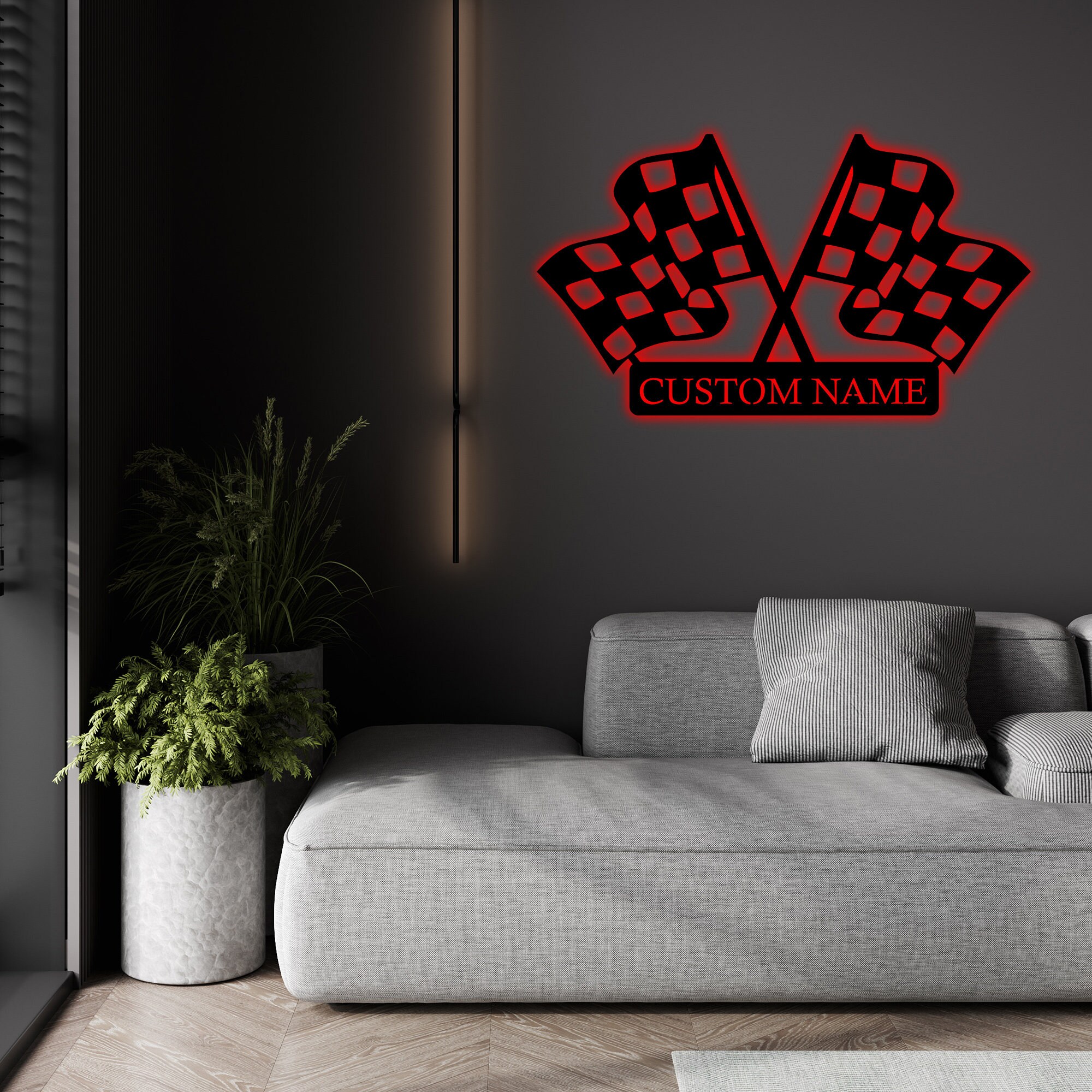 Custom Racing Flag Metal Wall Art LED Light, Start Finish Line Sign ...